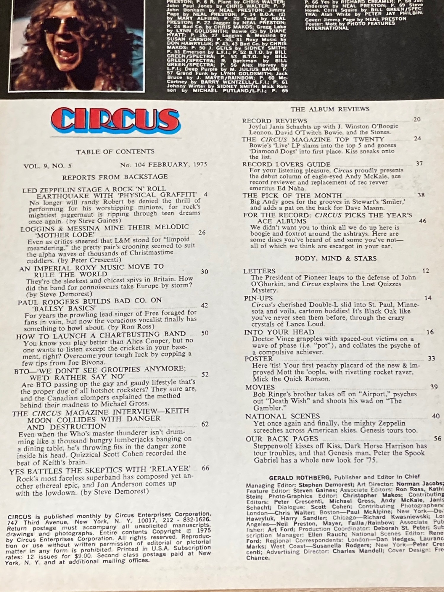 CIRCUS MAGAZINE - Vol. 9 #5 February 1975 LED ZEPPELIN Mott KEVIN AYERS ...